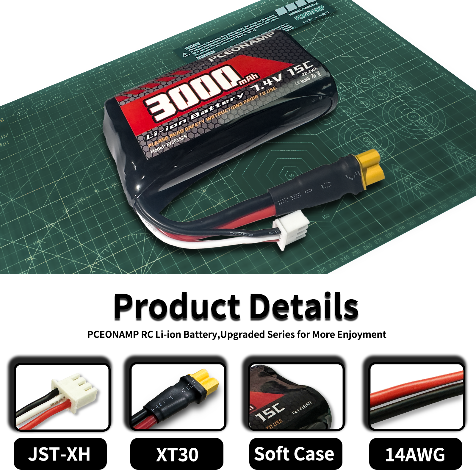 PCEONAMP 7.4V Li-ion Battery 3000mAh 2S with XT30 Plug Rechargeable Hi